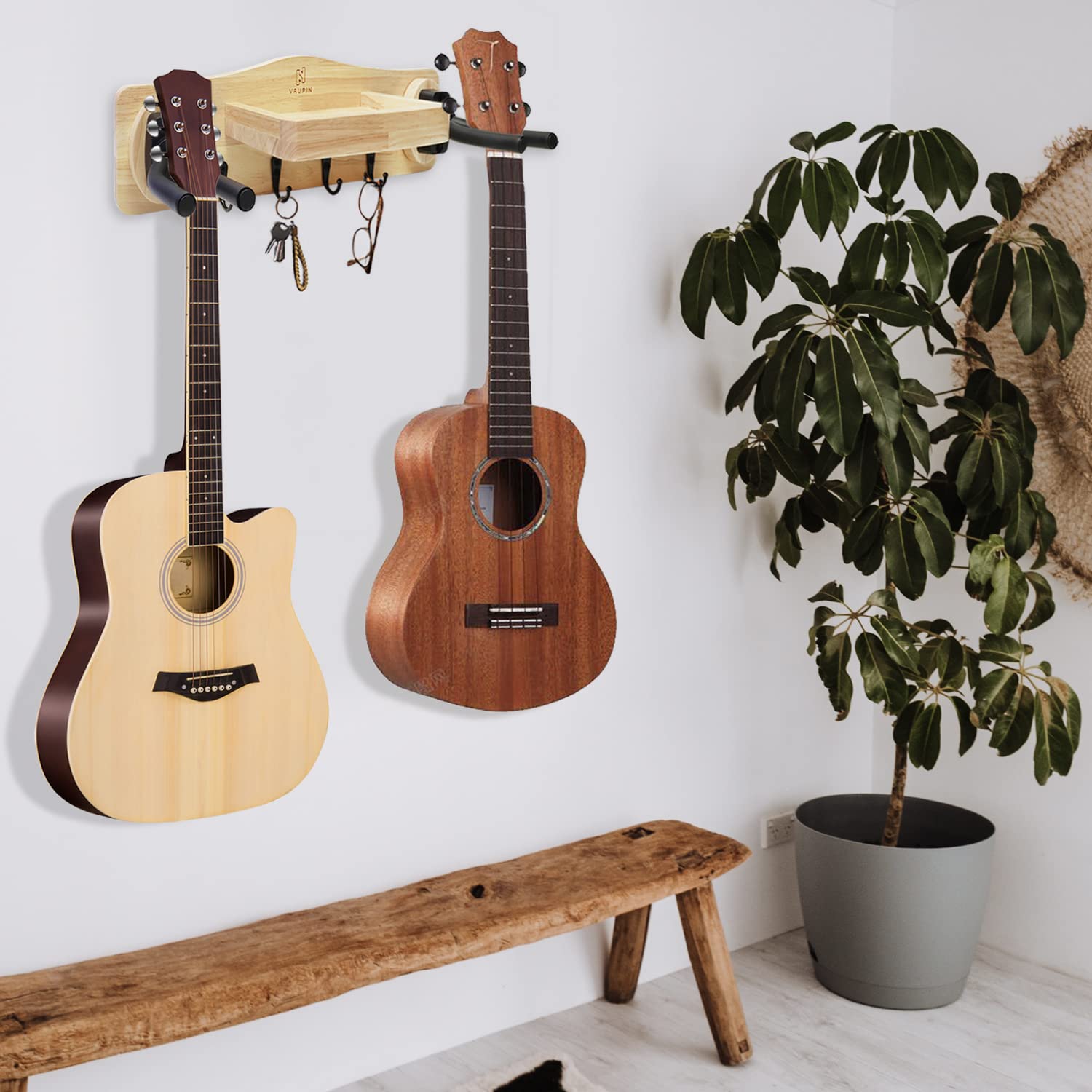 HPGJLEE Guitar Wall Mount, Natural Solid Wood Guitar Hanger with Shelf and Pick, Guitar Wall Holder, Guitar Stand, Guitar Rack