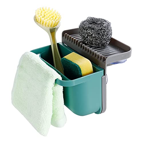 TIDYSOON Detachable Sinkside Organizer Tidy Storage,Drainage Container With Suction Cups For Kitchen Sink Caddy Sponge Holder, Dish Brush Holder,Cloths, Green