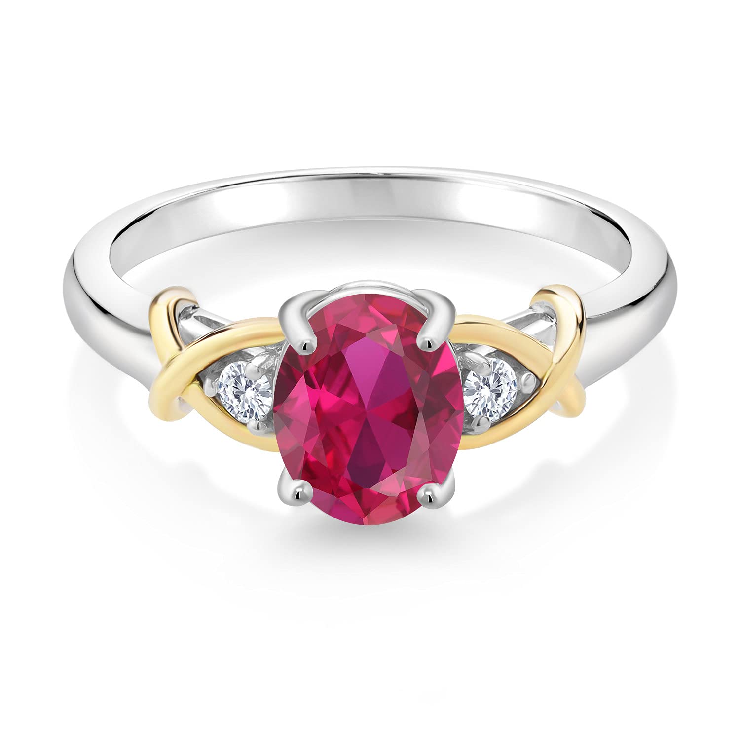 Gem Stone King 10K Yellow Gold and 925 Sterling Silver Red Created Ruby and White Lab Grown Diamond Ring For Women (1.43 Cttw, Oval 8X6MM, Available in Size 5,6,7,8,9)