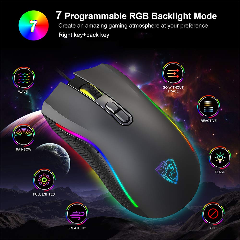 GTRACING Gaming Mouse 7200 DPI 7 Programmable RGB Wired Ergonomic Game USB Computer Mice RGB Gamer Desktop Laptop Pc Gaming Mouse, Breathing Light 7 Buttons for Windows 7/8/10/XP Vista, Black