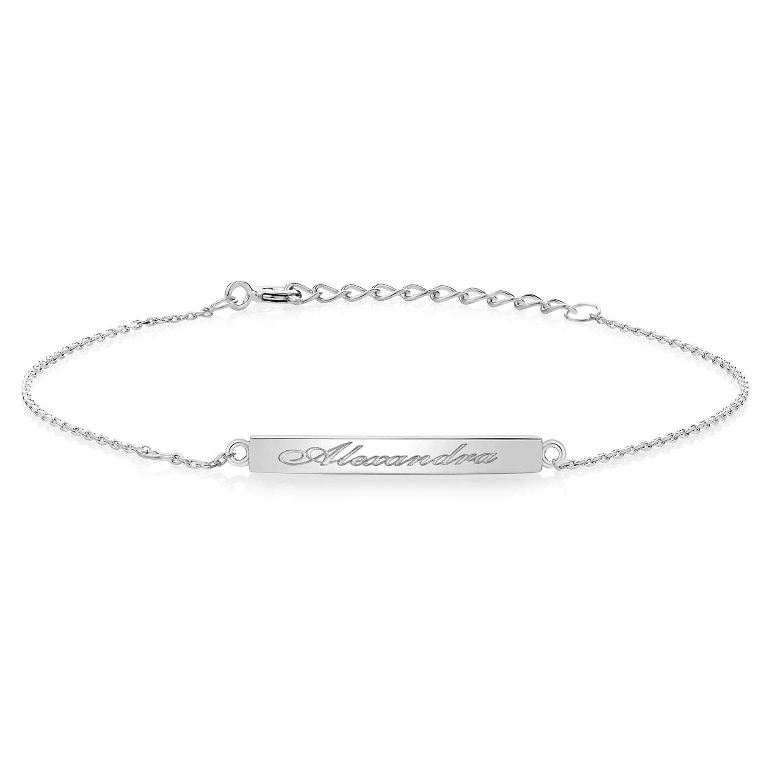 Gem Stone King 925 Sterling Silver Customized and Personalized Free Lazer Engraving 27X3MM Adjustable Chain ID Name Bar Bracelet For Women