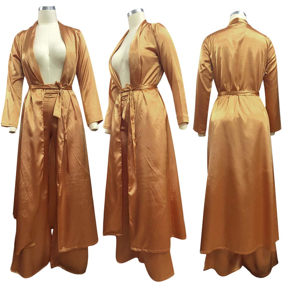ECHOINE Womens 2 Piece Outfits Satin Silk Open Front Cardigan kimono Cover-Up with Wide Leg Long Pants Set GOLD XXL