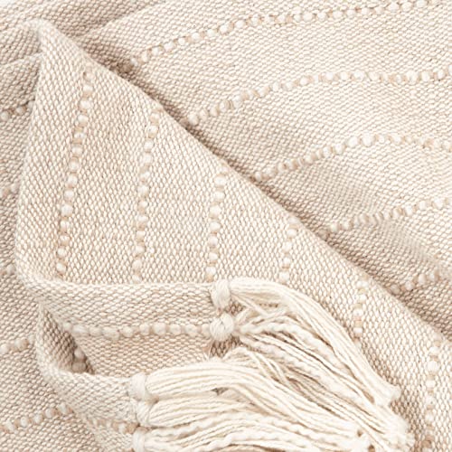 Nate Home by Nate Berkus Lightweight Textured Weave Cotton Throw Blanket | with Fringe Detail, Breathable, All-Season Decoration for Bedding from mDesign - 50" x 60", Natural (Tan)
