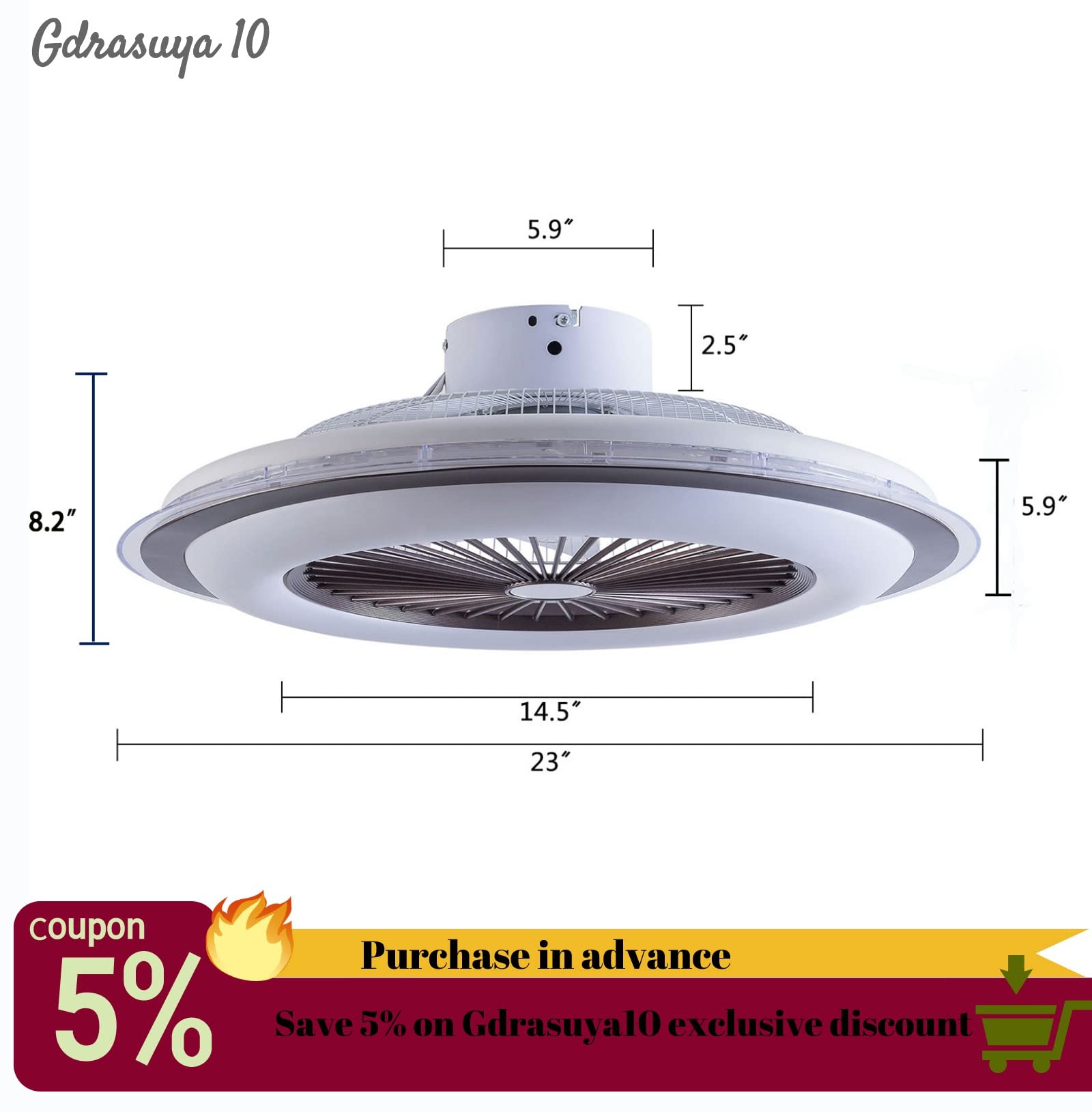 Gdrasuya10 Flush Mount Ceiling Fan with Lights Remote Control 23inch Bladeless Ceiling Fandelier Lighting SMD LED Invisible Low Profile Ceiling Fans Dimmable 3 Color 3 Speed Time Setting (Brown)