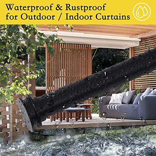 NICETOWN Rustproof & Waterproof Heavy Duty Outdoor Patio Curtain Rod Set with Classic Groove Round Finials, 1 inch Diameter Adjustable Length 72 to 144" Length, Matte Black
