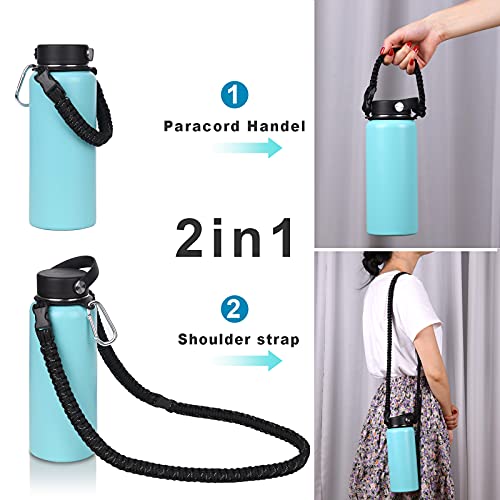 Wongeto Paracord Handle with Shoulder Strap Compatible with Hydro Flask Wide Mouth Water Bottles 12oz - 64 oz,Water Bottle Strap for Walking Biking Hiking Camping(Black 1)