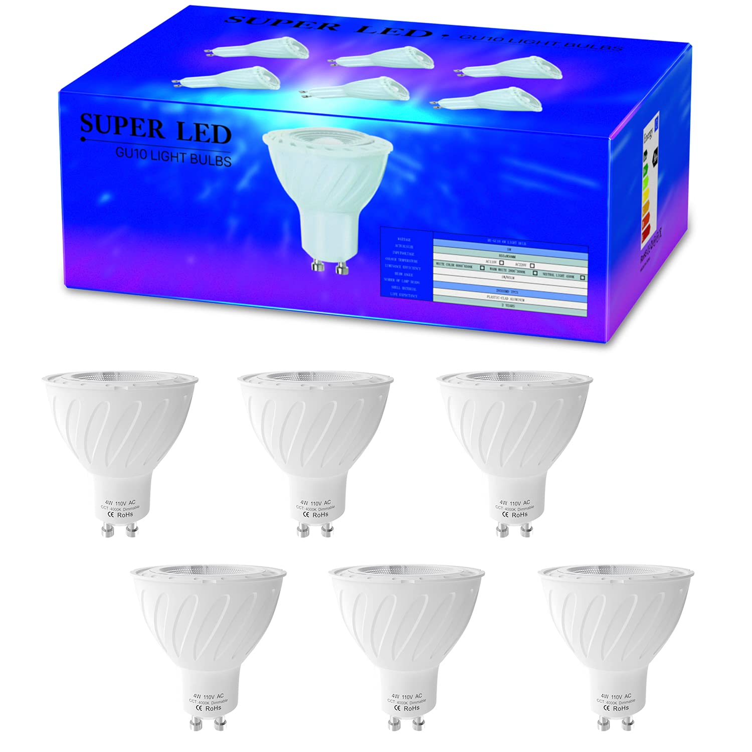 GU10 Led Light Bulbs Dimmable 4W Equivalent 50W Halogen, LED Spotlight Bulbs Replacement for Recessed Track Lighting, 500LM 4000K Natural White Light Pack of 6
