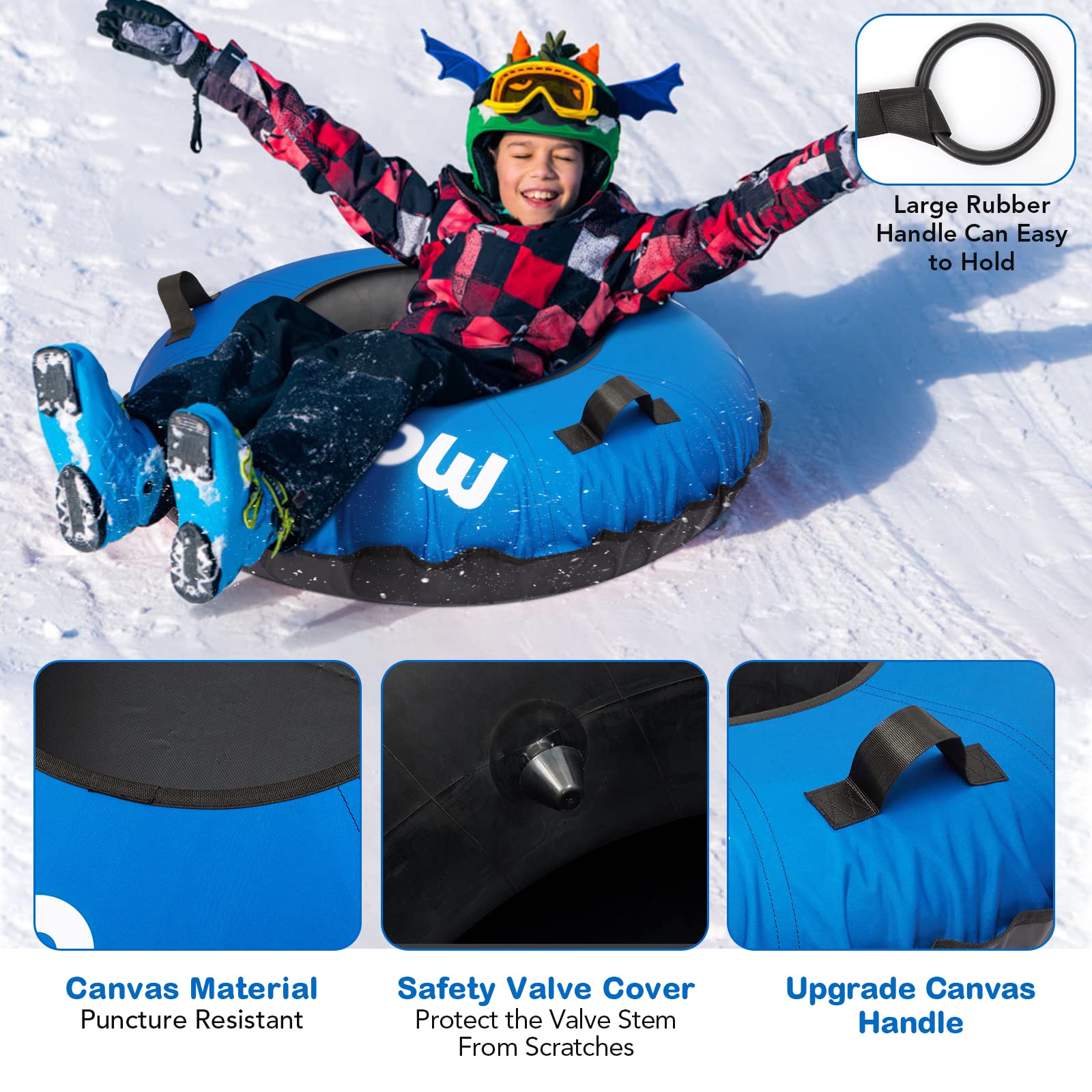 Heavy Duty Snow Tube,Inflatable 44 Inch Snow Sledding Tube, 600D Canvas Cover and Smooth Bottom with Rubber Pull Ring and Canvas Handles for Adults and Kids-Blue