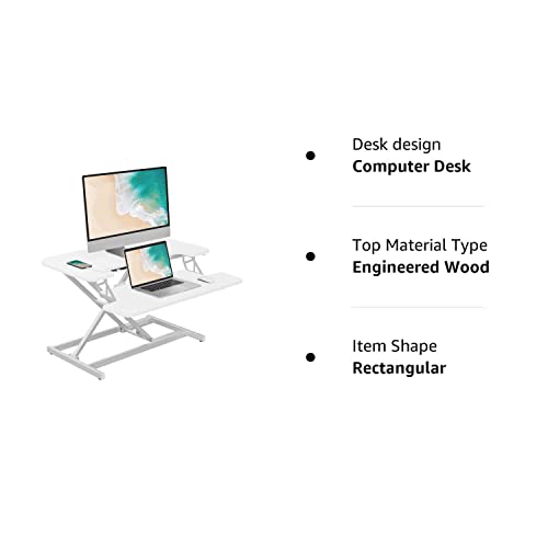 FEZIBO 28” Height Adjustable Standing Desk Converter with USB Charging Port, Quick Sit to Stand Tabletop Dual Monitor, Stand Up Desk Riser for Home Office, White