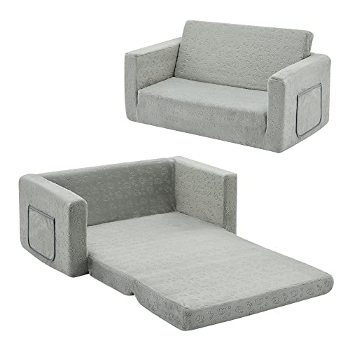 Ulax Furniture Kids Fold Out Couch 2-in-1 Children Convertible Sofa to Lounger with Soft Plush Fabric Grey