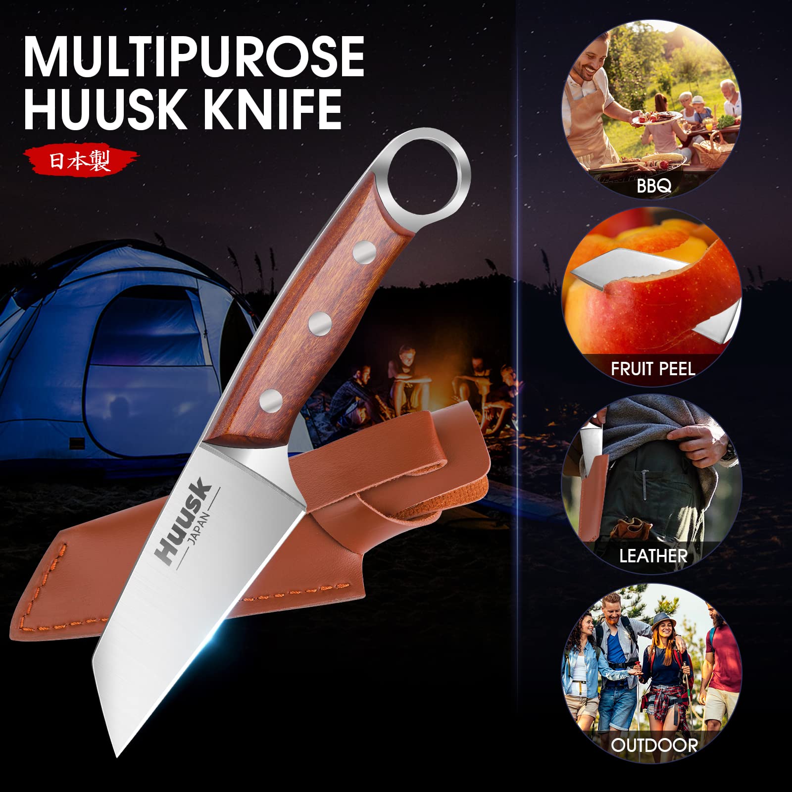 Huusk Chef Knife with Sharp Edge Christmas Gifts Bundle with Outdoor Cooking Knife for Kitchen BBQ Fishing