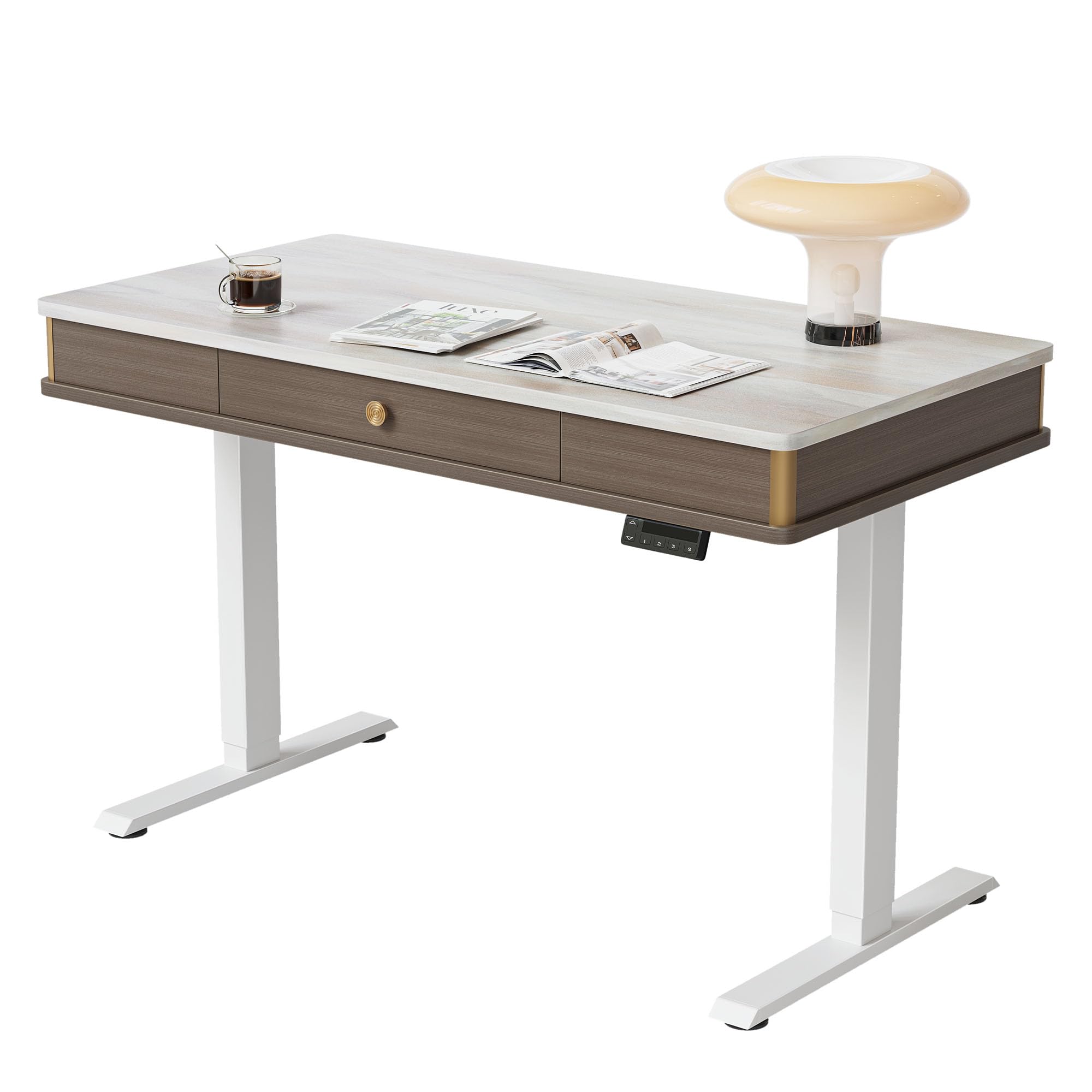 FEZIBO 48X26 Inches Boho Style Height Adjustable Electric Standing Desk with 3 Rattan Drawers, 48X26 Inches Stand up Desk with Large Storage Space, White(2 Packages)