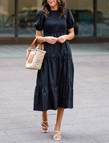 ZESICA Women's 2023 Casual Summer Crew Neck Short Puff Sleeve Smocked High Waist Ruffle Tiered A Line Midi Dress,Black,Medium