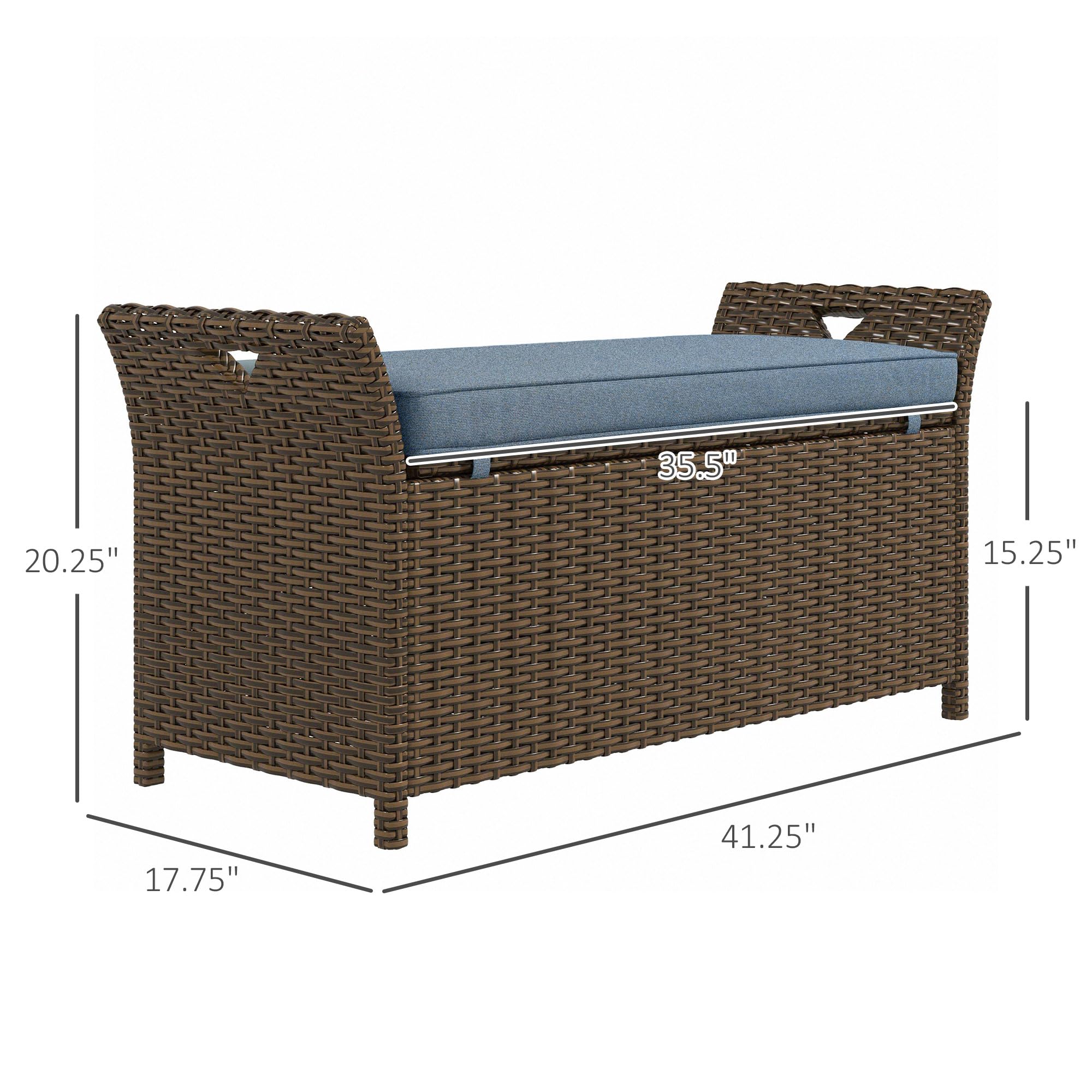 Outsunny 27 Gallon Patio Wicker Storage Bench, Outdoor PE Rattan Patio Furniture, 2-in-1 Large Capacity Rectangle Garden Storage Box with Handles and Cushion, Dark Blue