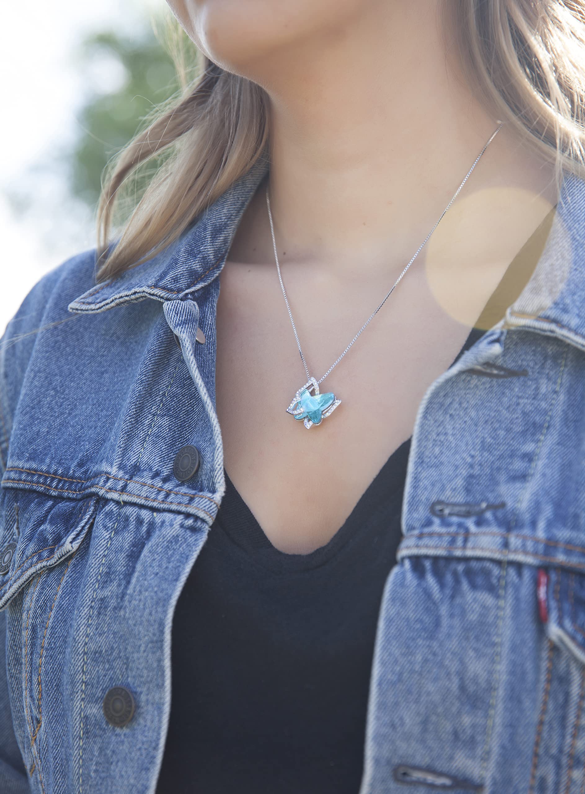 GEMMANCE Butterfly Crystal Necklace with Aquamarine Blue Birthstone for March and December, Silver-Tone, 18β+2β Chain
