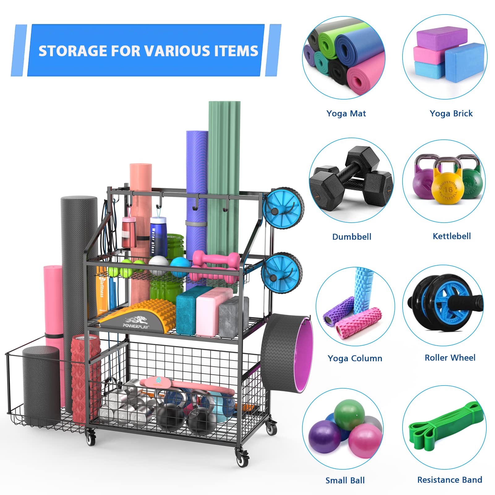 Home Gym Storage, Bergfore Yoga Mat Storage Racks, Gym Rack Organizer for Dumbbells Kettlebells Foam Roller, Yoga Strap and Resistance Band, Workout Equipment Storage Organizer with Wheels and Hooks