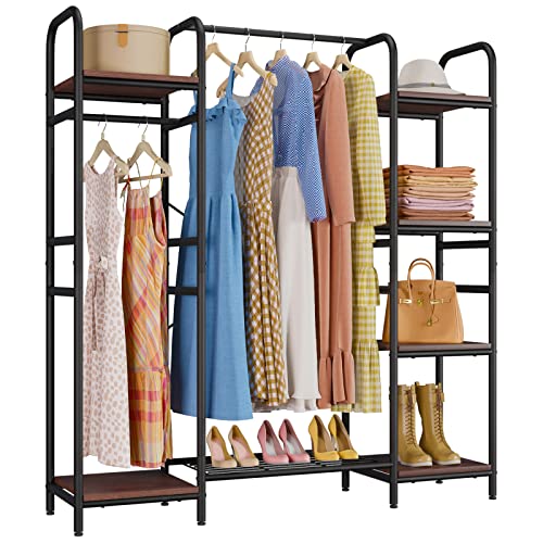 Timate P9 Clothes Rack with Shelves Portable Freestanding Clothing Rack for Hanging Clothes, Heavy Duty Garment Rack with 6 Wood Shelves & 2 Hanging Rod Sturdy Metal Storage Wardrobe for Bedroom Black