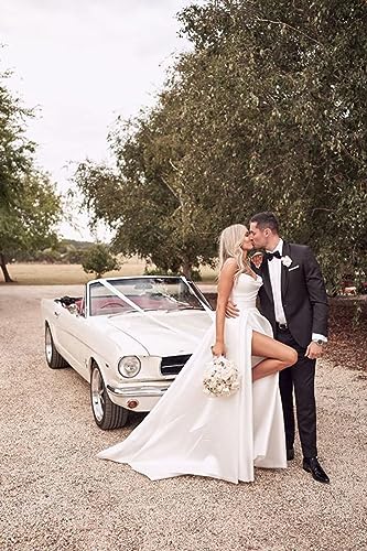 Strapless Wedding Dresses for Bride 2023 Simple Satin Wedding Dress with Slit Ivory Ball Gown for Women Size 14