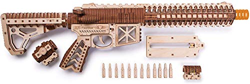 Wood Trick Assault Gun AR-T Model Kit for Adults and Teens to Build - with Telescoping Butt, Fuse, Sight and Clip for 12 Rounds - Detailed Construction - 23x8″ - 3D Wooden Puzzle - 14+