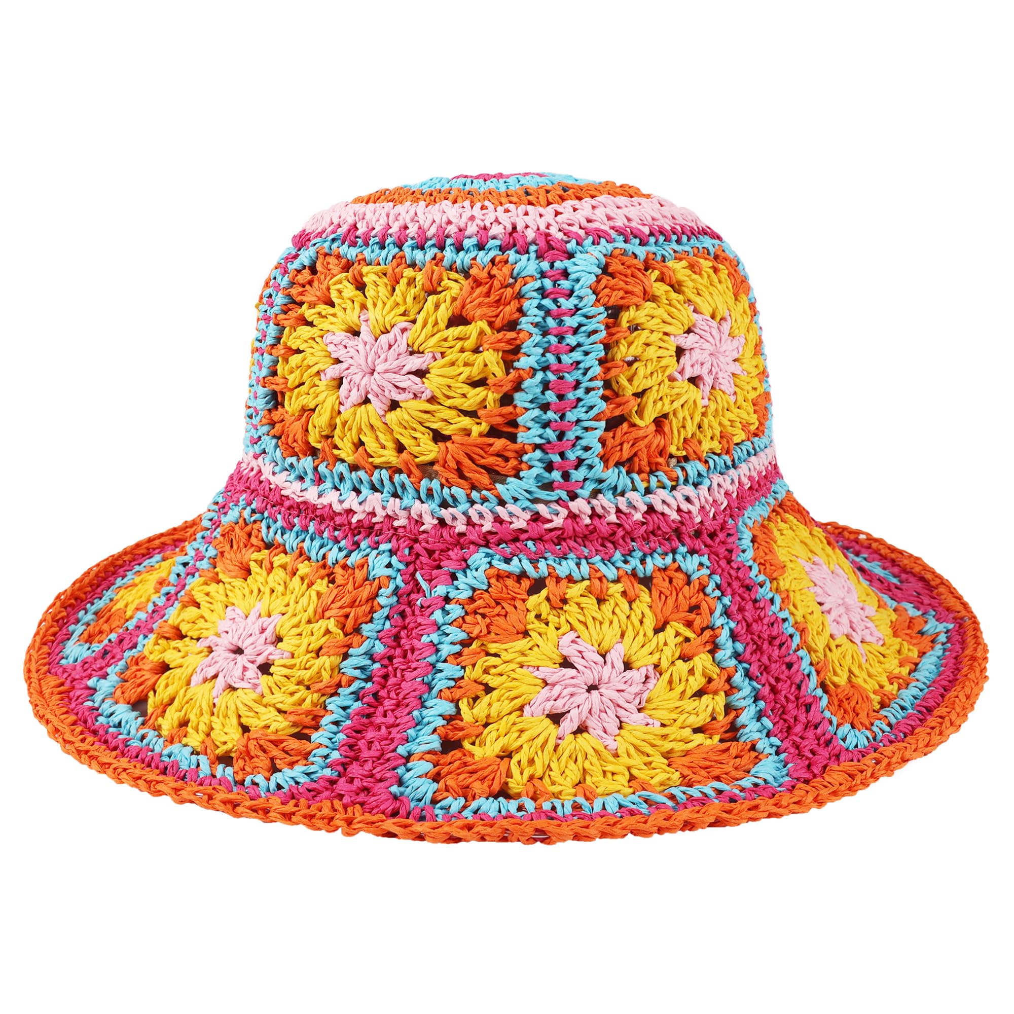 Multicolor Floral Crochet Straw Sun Hat Foldable Packable Wide Brim Bucket Hat Summer Beach Hat for Women (US, Alpha, One Size, Rose)