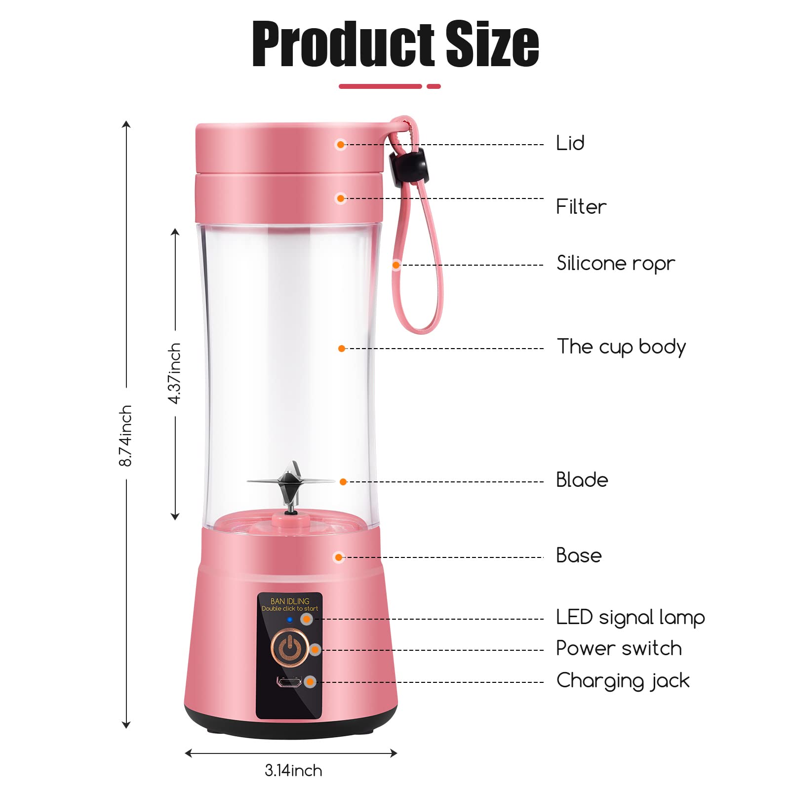 JLLOM Mini Blender Personal Portable Blender Cup for Smoothies Shakes, Portable Juicer USB Rechargeable for Travel, Small Electric Blender On The Go with Silicone Straw & Straw Cleaning Brush (Pink)