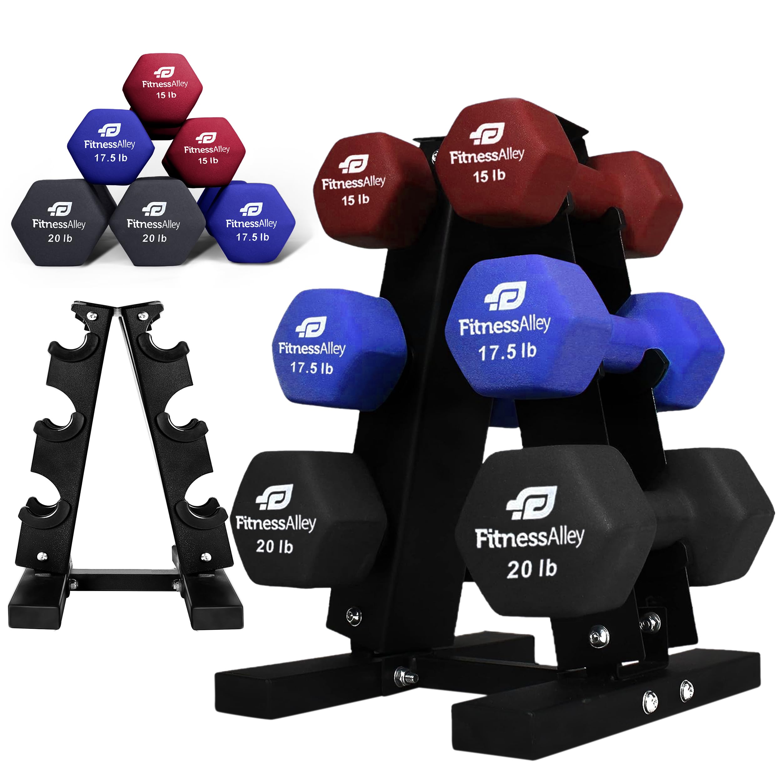 Fitness Alley Neoprene Dumbbells A Frame Rack - Free Weights Hex Hand Weights - Gym Exercise 5 Pairs Set (3lb, 5lb, 8lb, 10lb, 12lb) with 5 Tier Rack