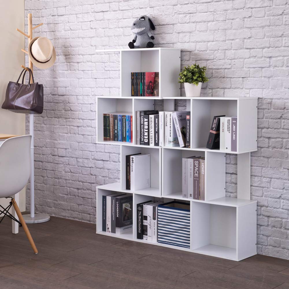 Frama 3-Shelf Creative Storage Bookcases Room Divider, S-Shaped Z-Shelf Bookshelf Standing Storage Shelves for Bedroom, Living Room, Home Office, White