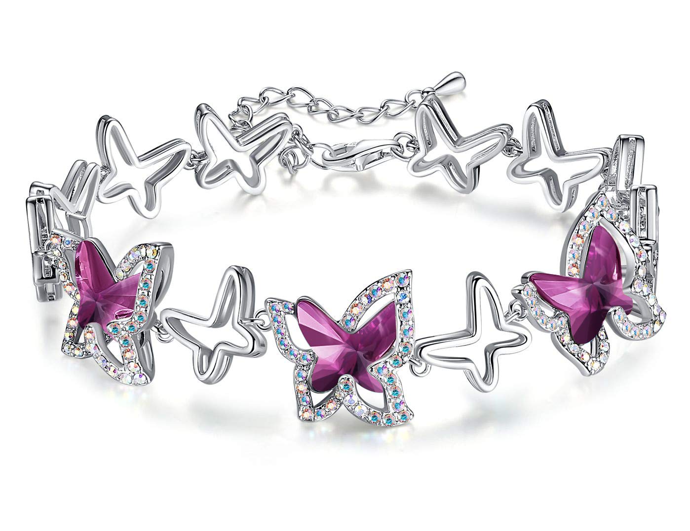 GEMMANCE Butterfly Link Charm Bracelet with Amethyst Pink Birthstone Crystal for February, Silver-Tone, 18”+2”Chain