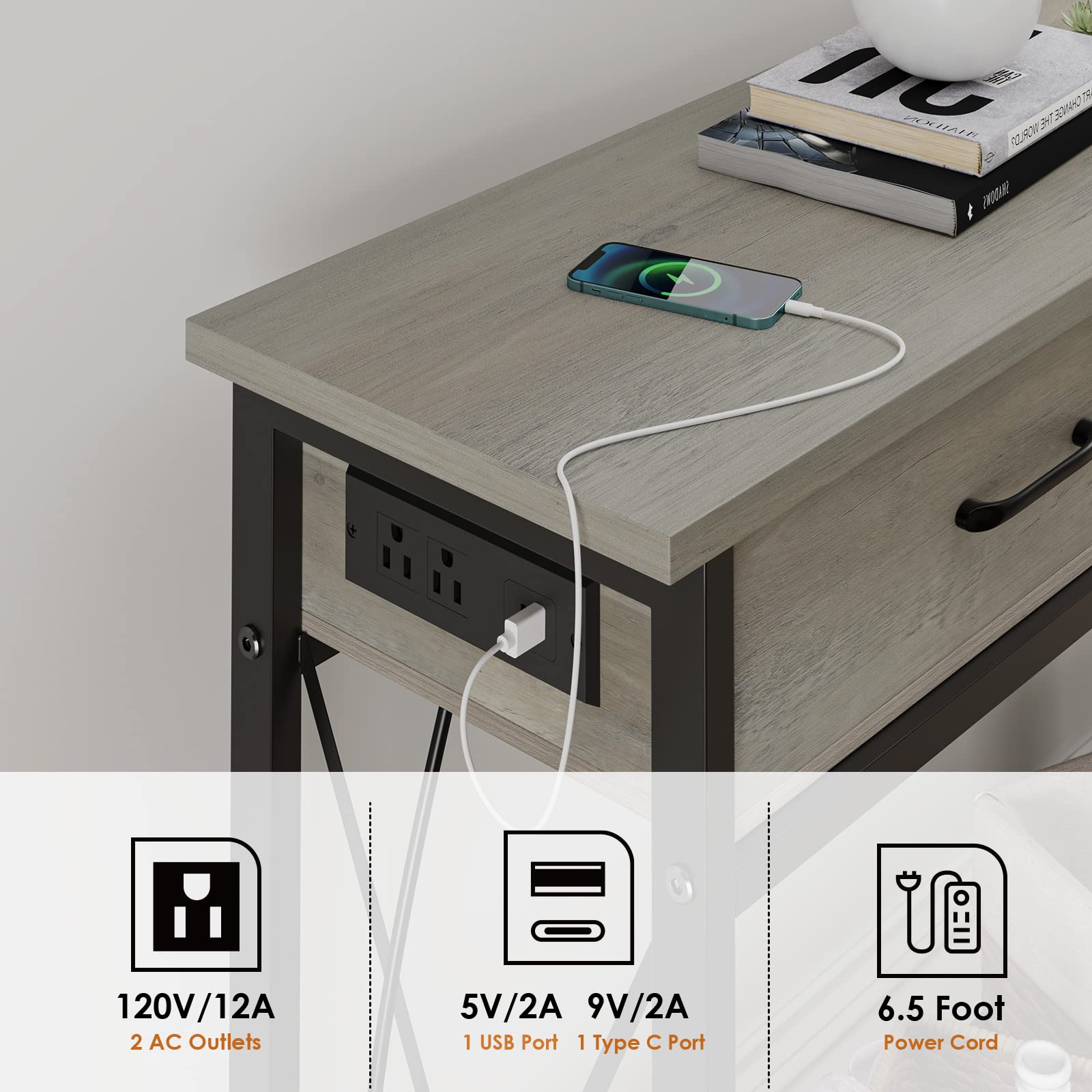 Entryway Table with 2 Drawers for Storage, 39.3''Console Table with Charging Station, Industrial Grey Sofa Table with Storage Shelves for Living Room, Couch, Hallway, Foyer, Entryway, Kitchen-2 Tier