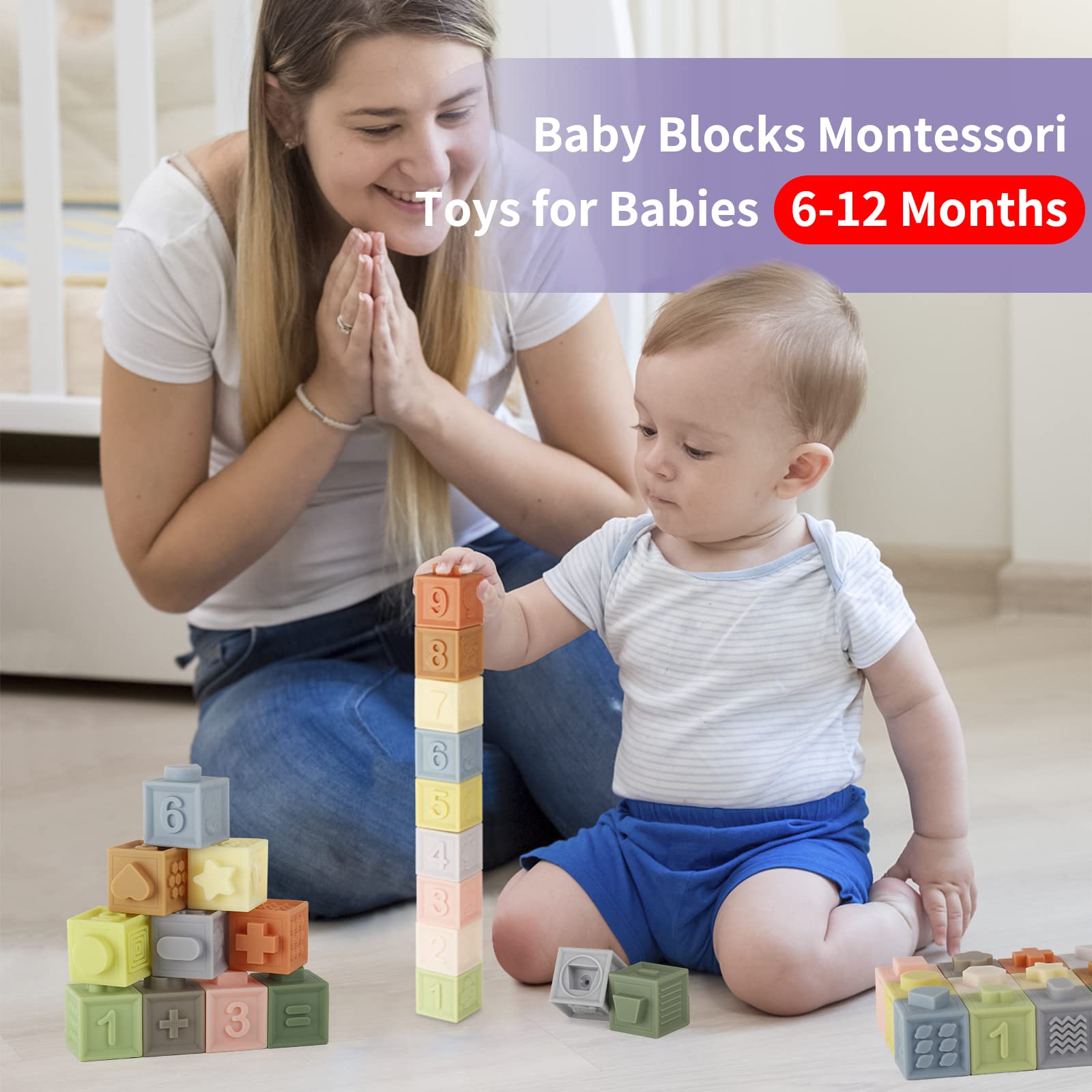 LENDOD Baby Soft Stacking Blocks Toys 12 PCS Educational Squeeze Infant Toys Play with Numbers Animals Shapes Textures for Toddlers Babies 6 9 12 Month 1 2 3 Year Old