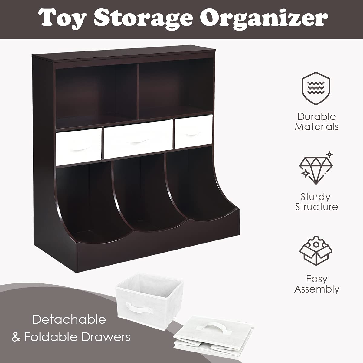 HONEY JOY Kids Toy Storage Organizer with Bookcase, 8-Cubby Organization Storage Cabinet w/Display Shelf & 3 Removable Fabric Bins, Wooden Toy Storage Unit for Playroom, Nursery Daycare(Espresso)