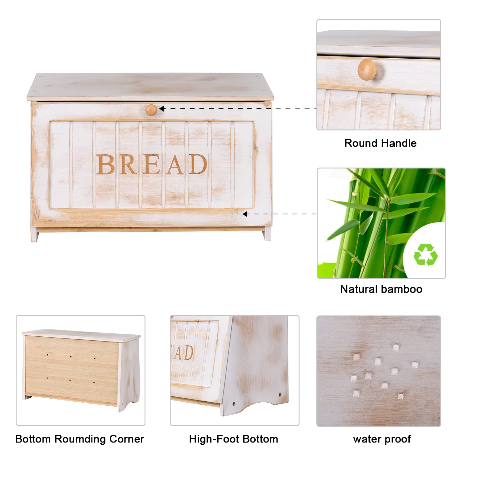 HOMEKOKO Vintage Large Wood Bread Box for Kitchen Counter, Retro Design Single Layer Bamboo Large Capacity Food Storage Bin (White)