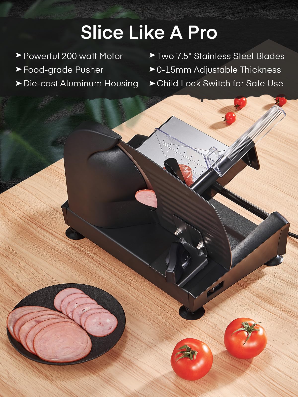 FOHERE Meat Slicer 200W Electric Deli Food Slicer with Two Removable 7.5’’ Stainless Steel Blade, Adjustable Thickness for Home Use, Child Lock Protection, Black