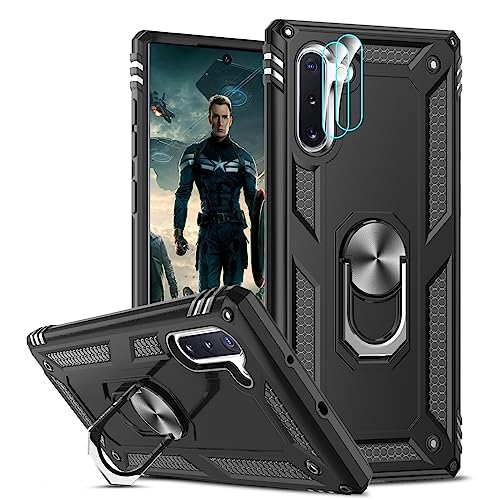 LeYi for Samsung Note 10 Case: Galaxy Note 10 Phone Case with [2 Pack] Camera Lens Protector, Military-Grade Shockproof Protective Case with Metal Ring Kickstand for Samsung Note 10, Black