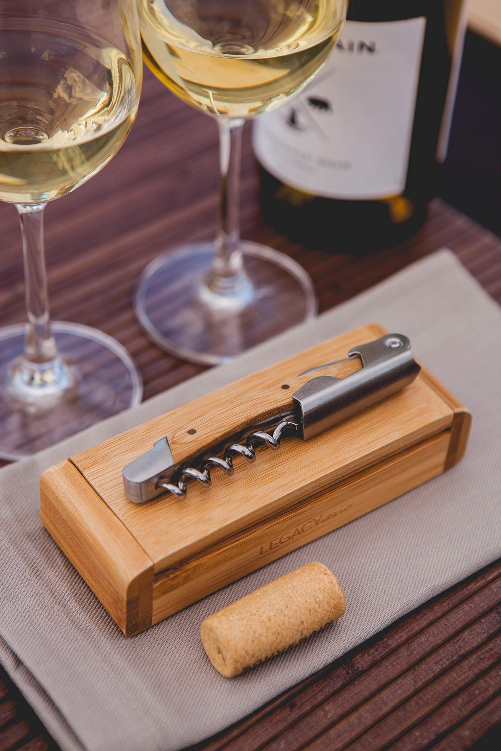 LEGACY - a Picnic Time brand Elan Deluxe Corkscrew In Bamboo Box, Stainless Steel Waiter-Style Corkscrew Opener Kit, Wooden Gift Box, (Bamboo)