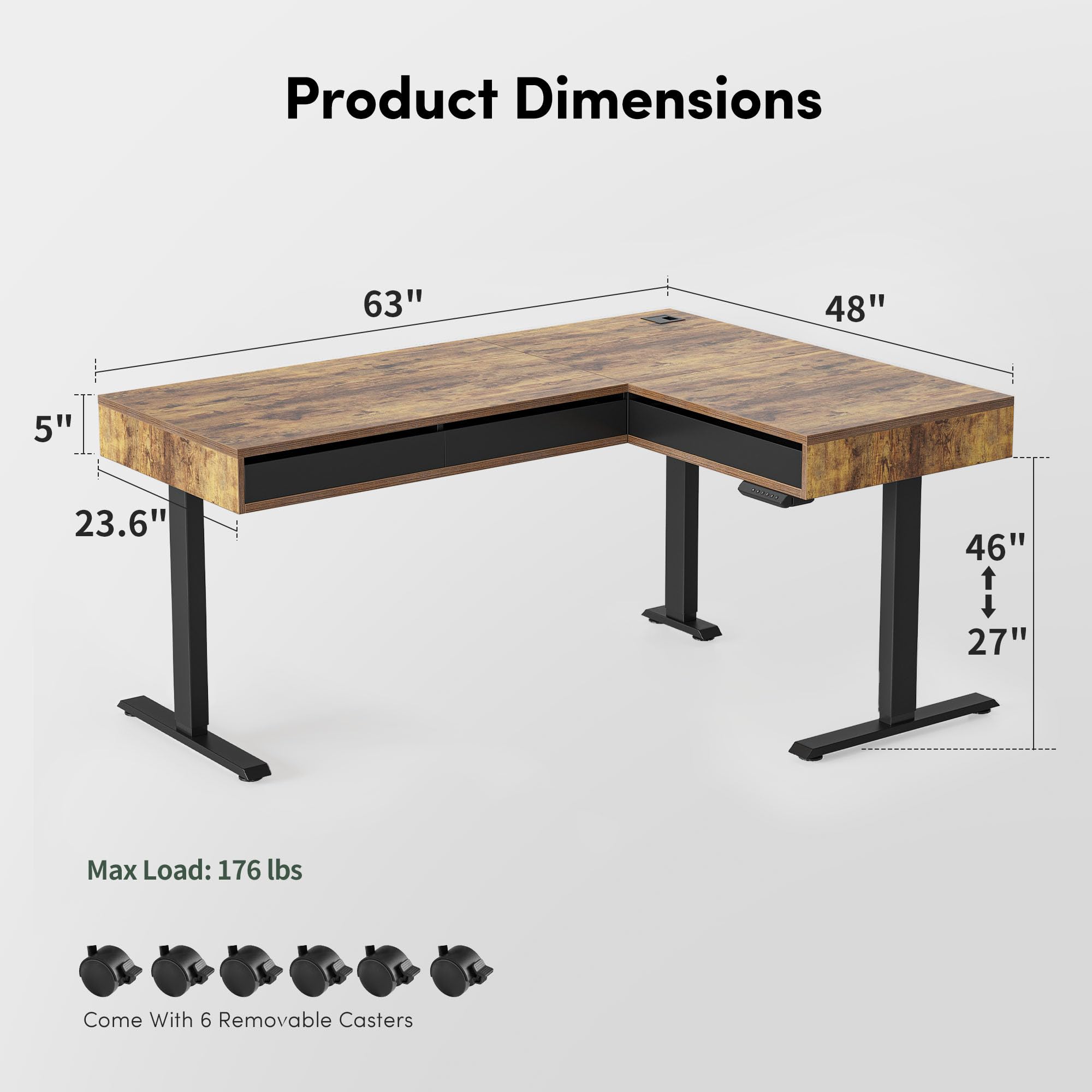 FEZIBO Whole-Piece L Shaped Standing Desk Adjustable Height with 3 Drawers, 63 x 48 Inches Adjustable Desk L Shape, Rustic Brown(2 Packages)
