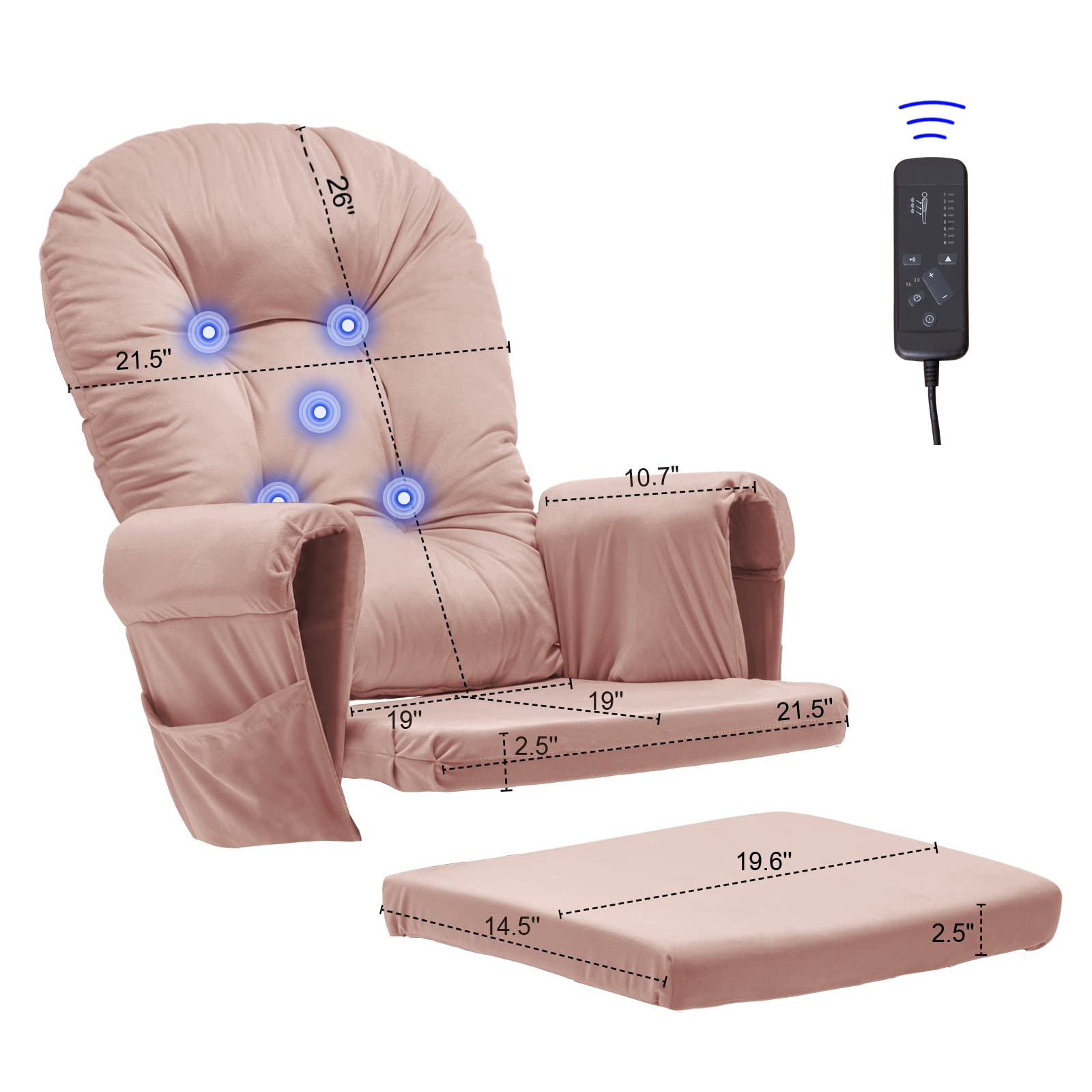 Paddie Light Grey Massage Glider Rocker Replacement Cushions with Storage Velvet Washable Non Slip for Glider Rocking Chair, 5PCS