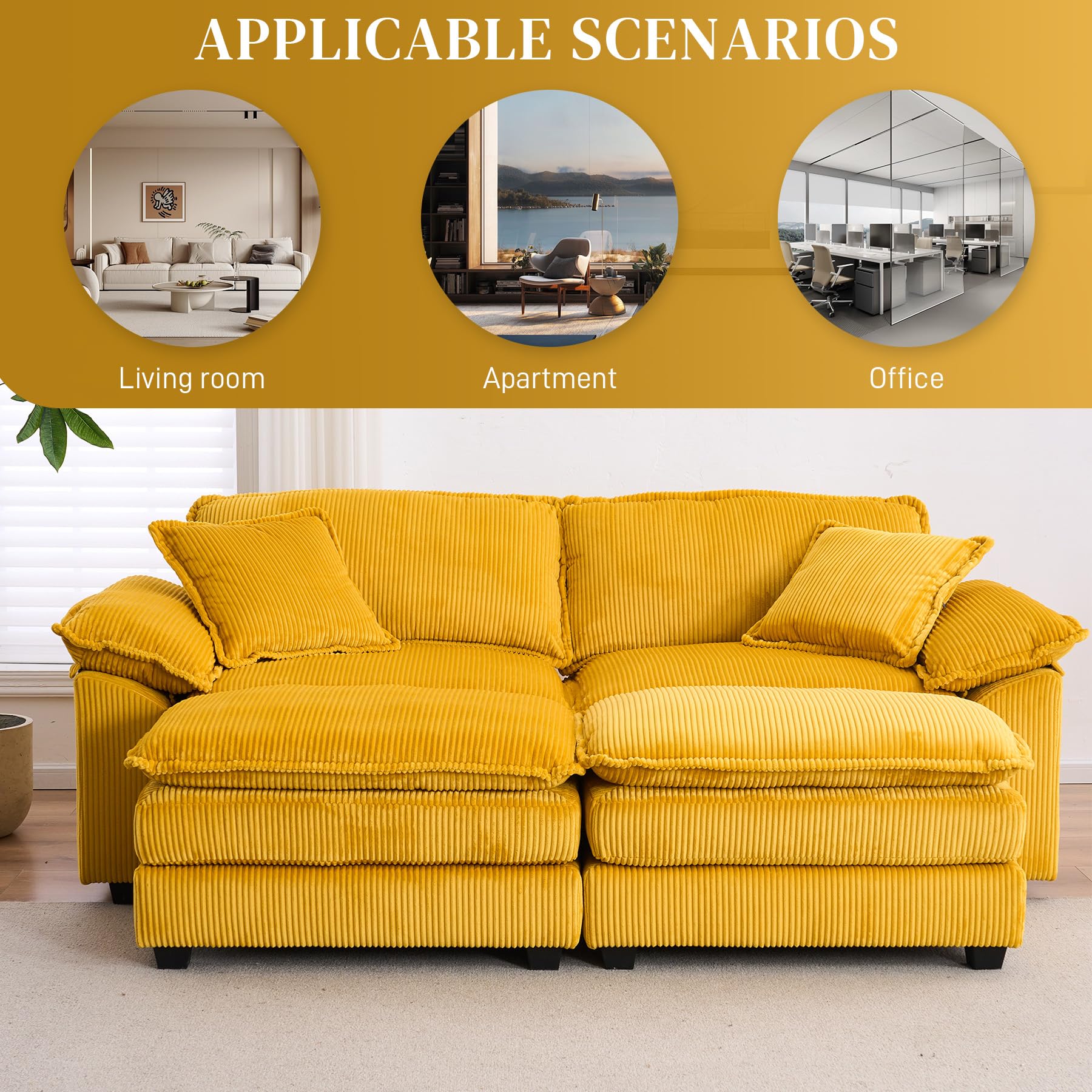 ONEMMLION 84.6" Modular Sectional Sofa Oversized Loveseat, Modern Upholstered Cloud Couch with 2 Ottoman, Comfy Corduroy Deep Seat Sleeper Sofa for Living Room, Small Space, Yellow