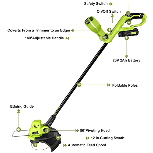 SnapFresh Battery Operated Lawn Trimmer, 20V Line String Trimmer with 13 ft 0.065β Trimmer Line Replacement Spools, 2.0Ah Battery, Fast Charger (Cordless String Trimmer)