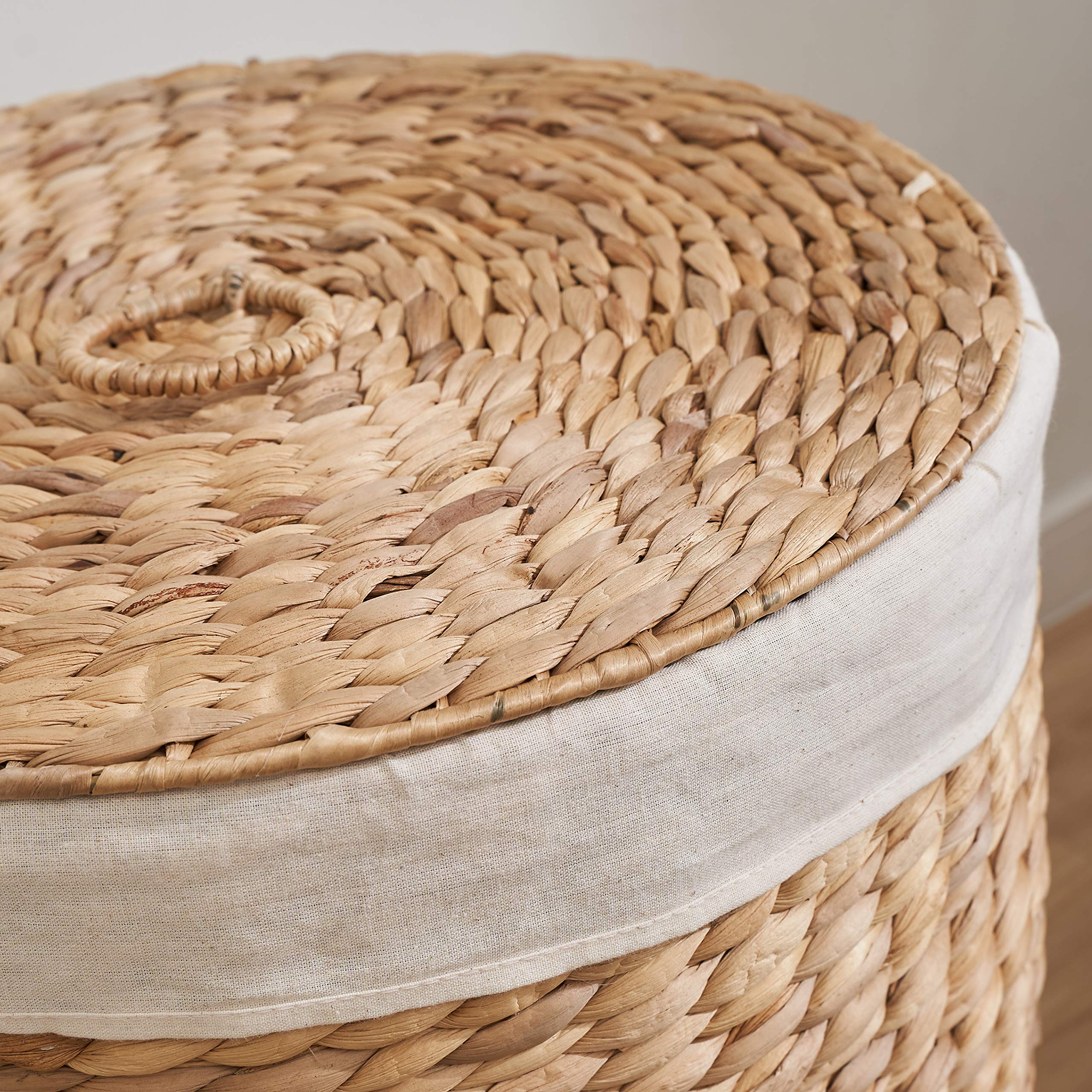 Round Woven Wicker Laundry Hamper with Lid - Large Water Hyacinth Storage Wicker (Natural Brown, 15"L x 15"L x 20"H)