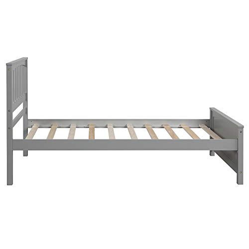 ZJIAH Twin Size Solid Wood Platform Bed Frame with Headboard and Footboard, Single Bed Wooden Slat Support for Teens Adult Bedroom Guest Room, Space Saving, No Box Spring Need, Gray