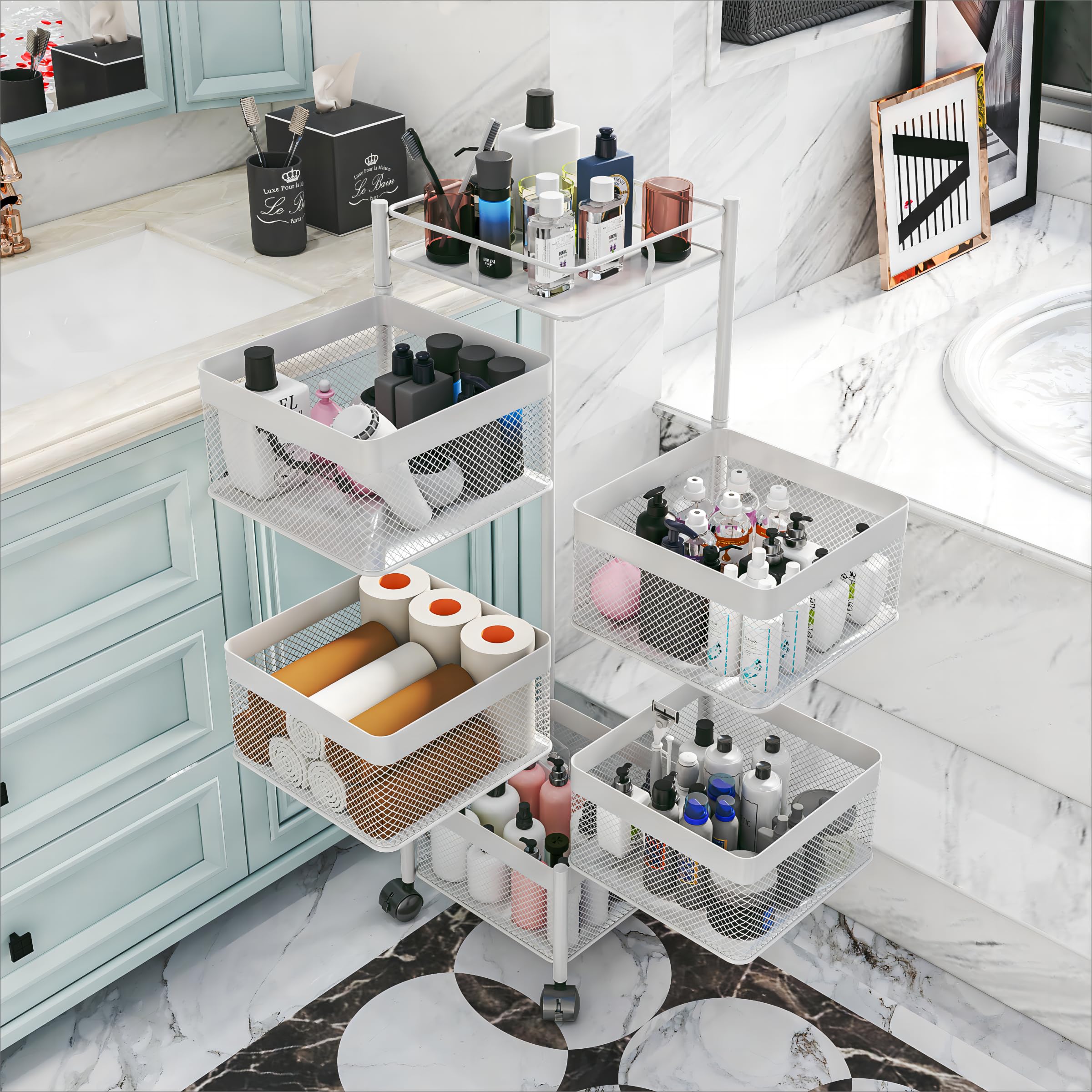 xinyourui Fruit Basket for Kitchen No Assembly,Rotating Kitchen Storage Rack,Bathroom Shelf, Organizers and Storage Cart on Rolling Wheels,Potato and Onion Storage Organizer(White, 5 Tier-Square)