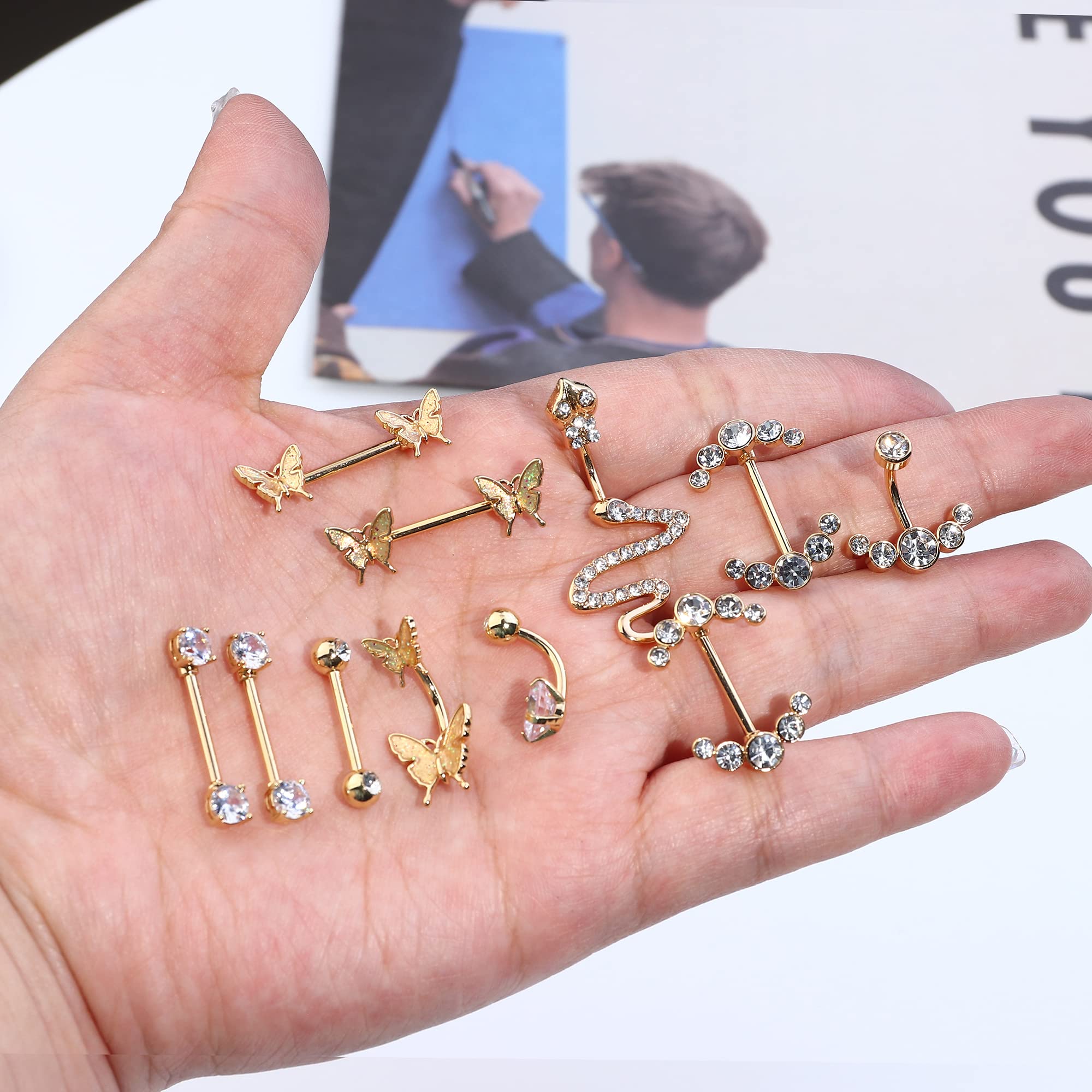 FINREZIO 12PCS 14G Nipple Rings Belly Button Rings for Women Stainless Steel Butterfly CZ Tongue Nipple Barbell Body Piercing Shield Ring Set(Gold)