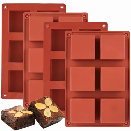 JOERSH Silicone Square Molds 4 Pack 6-Cavity All Edges Brownie Pan Non-Stick Silicone Baking Pans for Brownie Bites, Square Cupcake, Mini Muffin Cakes