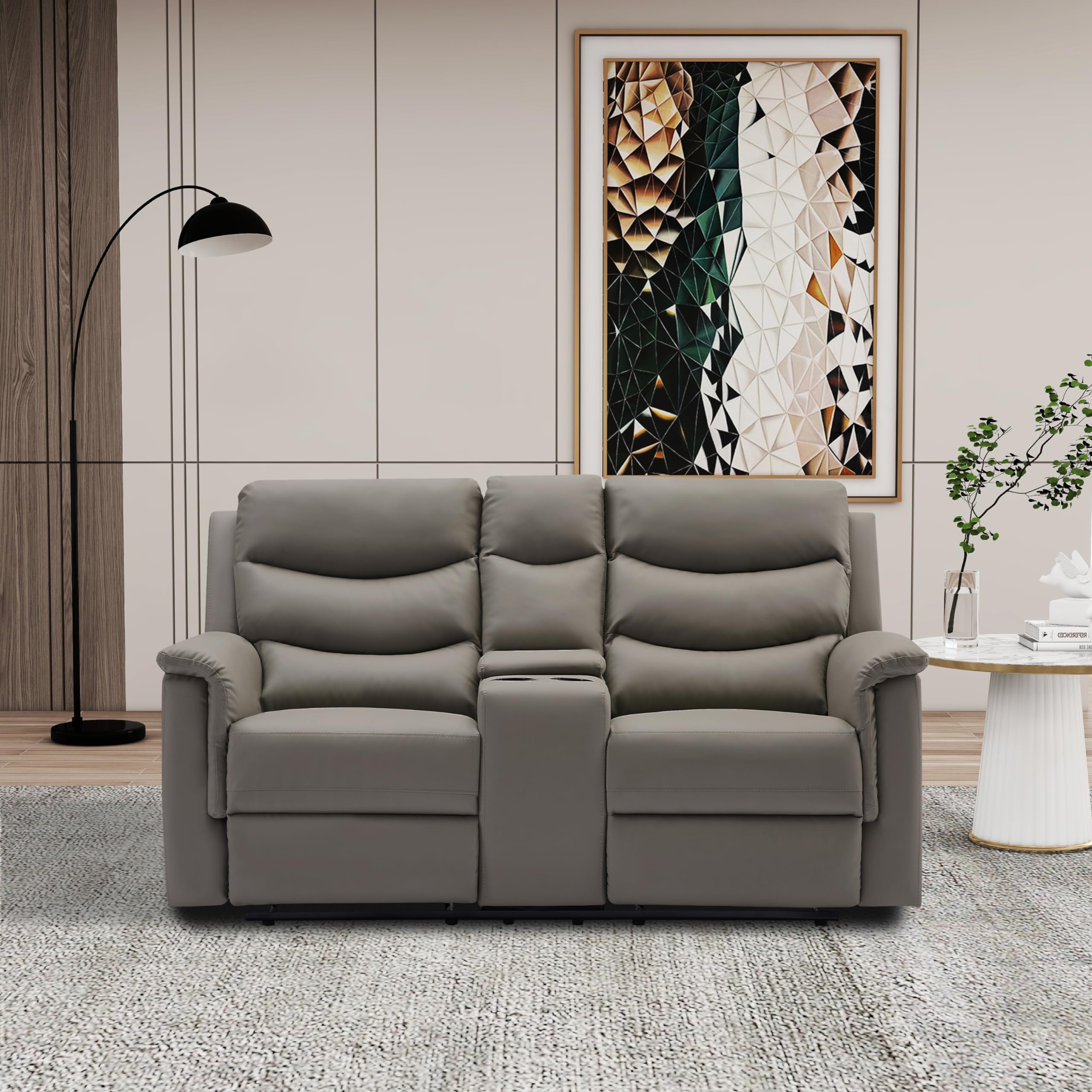 Eafurn Faxu Leather Love, Manual Double Reclining Loveseat Sofa, Home Theater Seating with Storage Console, Wall Hug RV Couch with Cup Holders for Living Room Furniture Sets, Grey