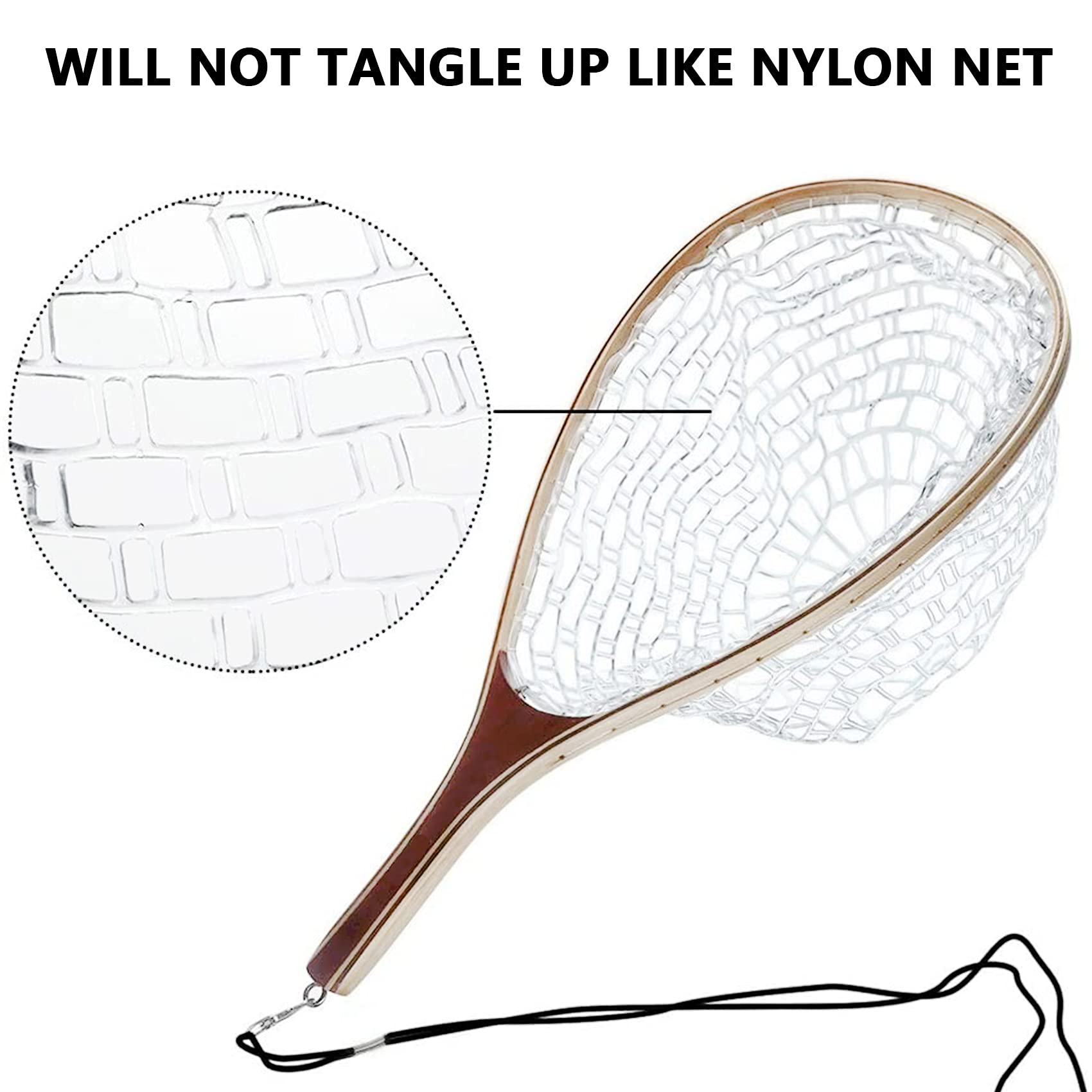 FISHARE Fly Fishing Landing Net, Wooden Frame Fish Net with Clear Soft Rubber Mesh for Trout Fishing Catch and Release