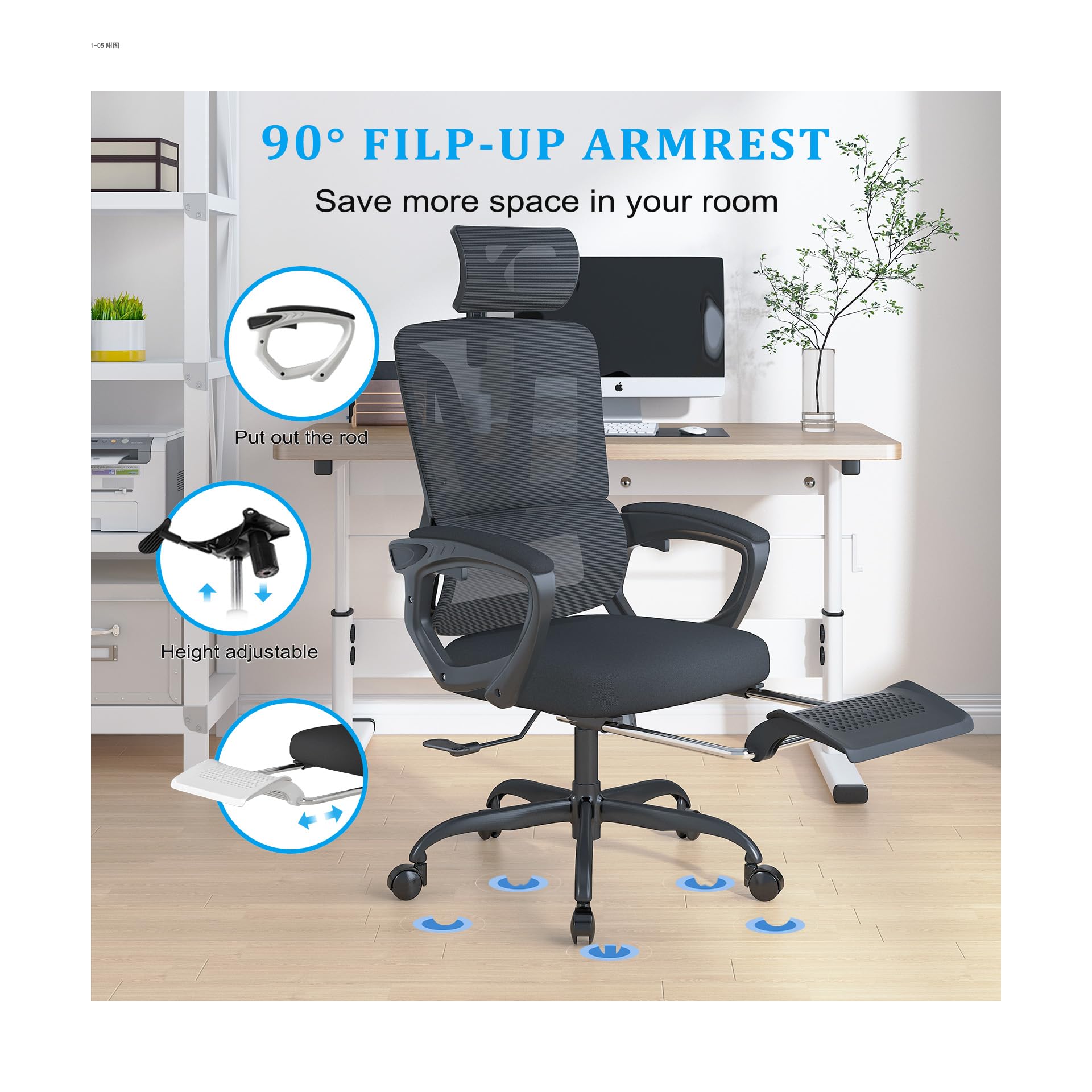 Ergonomic Office Chair, Reclining High Back Mesh Chair, Computer Desk Chair, Swivel Rolling Home Task Chair with Lumbar Support Pillow, Adjustable Headrest, Retractable Footrest and Padded Armrests
