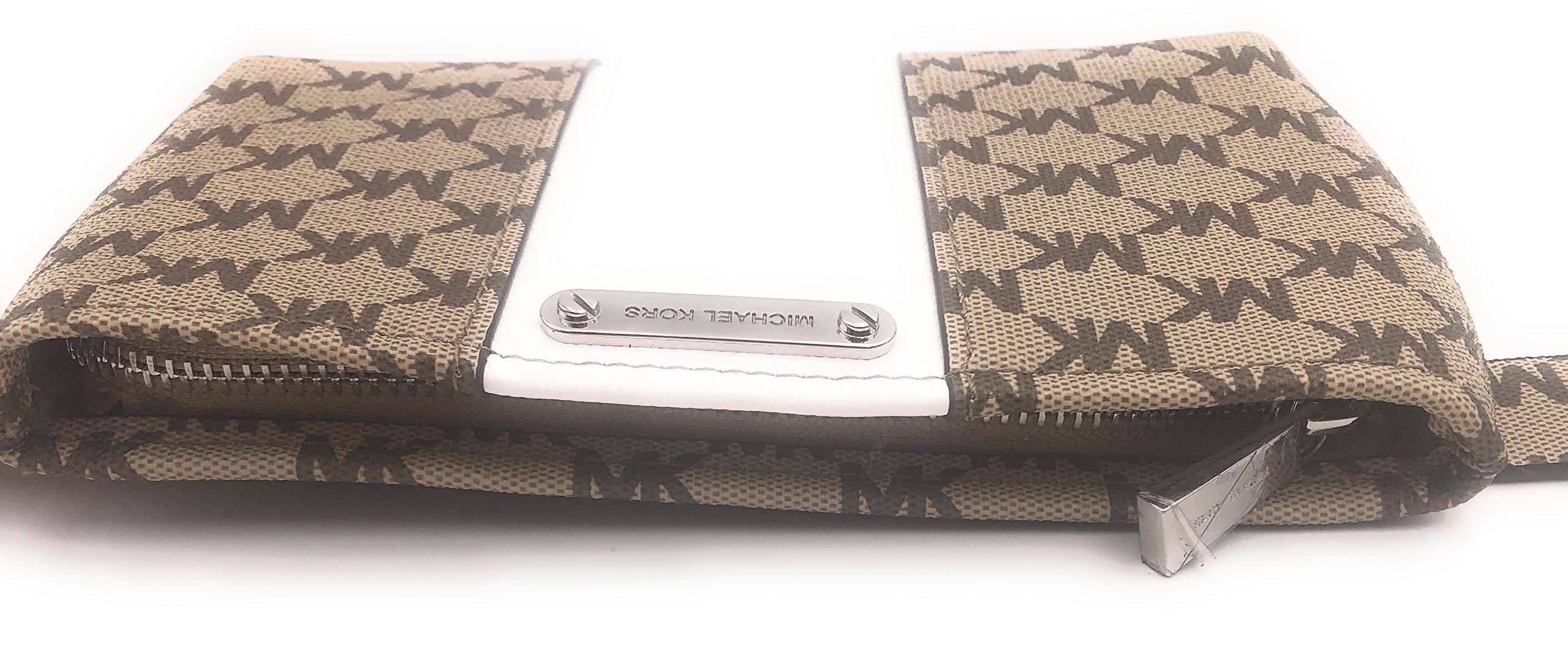 Michael Kors 556137C Brown/Khaki/White Logo Design With Silver Hardware Women's Adjustable Belt Bag Waist Pack (L/XL)