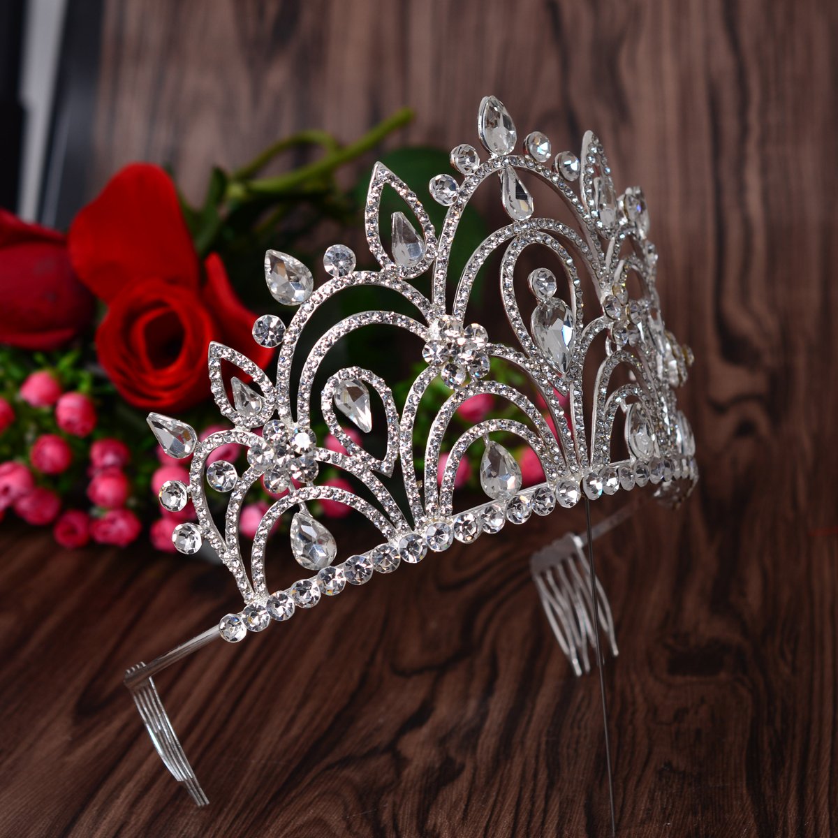 Eseres Tall Pageant Tiaras with Combs for Women Elgeant Rhinestone Crown
