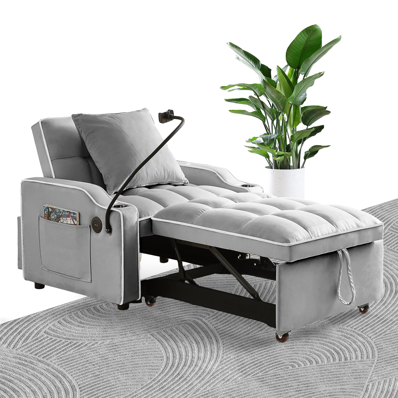 Rovibek 3 in 1 Convertible Sleeper Sofa Bed Pull Out Couch Futon Loveseat Velvet Chaise Lounge with 2 Pockets and 2 Pillows for Living Room, Twin Size, Grey